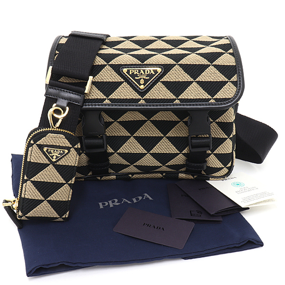 Prada | Bags | Prada Fabric Tan Embroidered Symbol Black 2way Bag ...